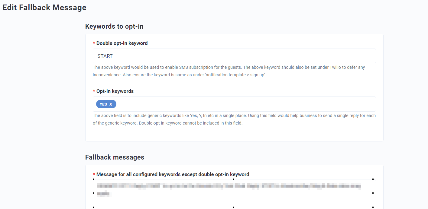 Where can I check Fallback messages configured for SMS Keywords opt-in?