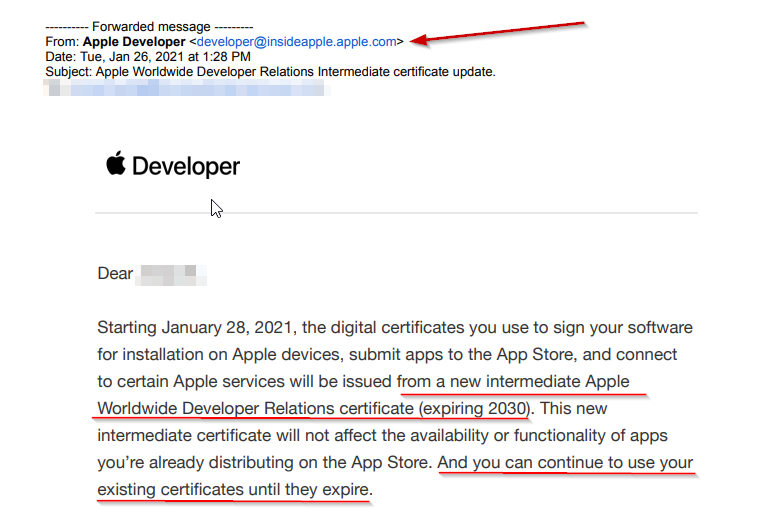 Apple Worldwide Developer Relations Certificate update notification ...