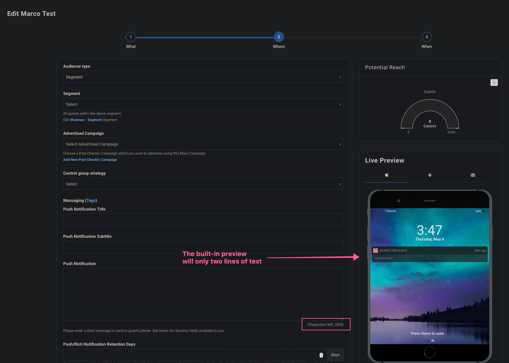 Is there a character limit for Push Notifications?