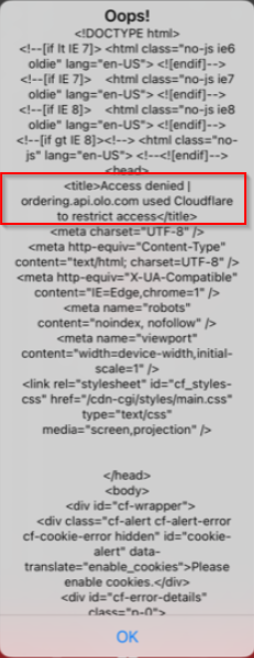 Why are guests receiving "Access Denied" errors on the Online Ordering portion of the app? (Olo)