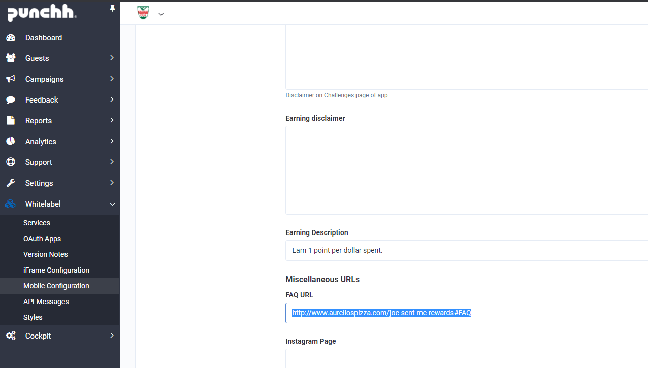 (INT) How can I change the URL for the FAQ page in the Punchh app?