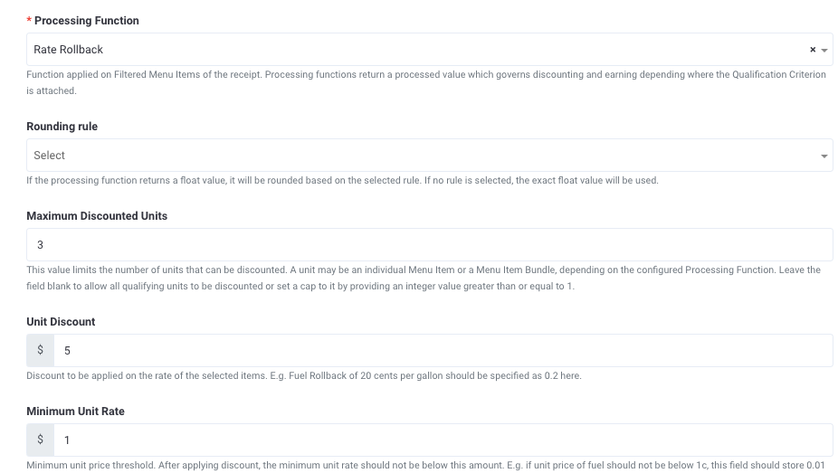 How does the Rate Rollback processing function work?