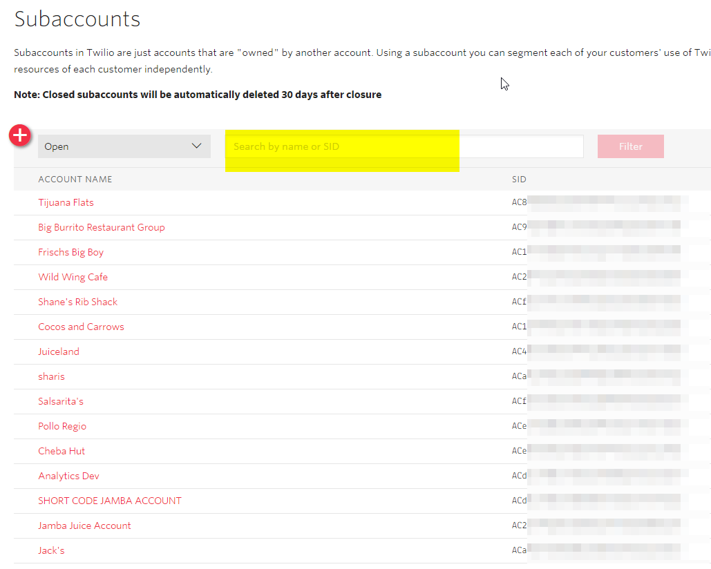 (INT) How do I find a Twilio Subuser's SID (string identifier)?