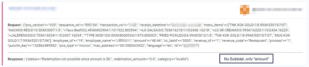 Does Micros RES 3700 send subtotal information to Punchh?