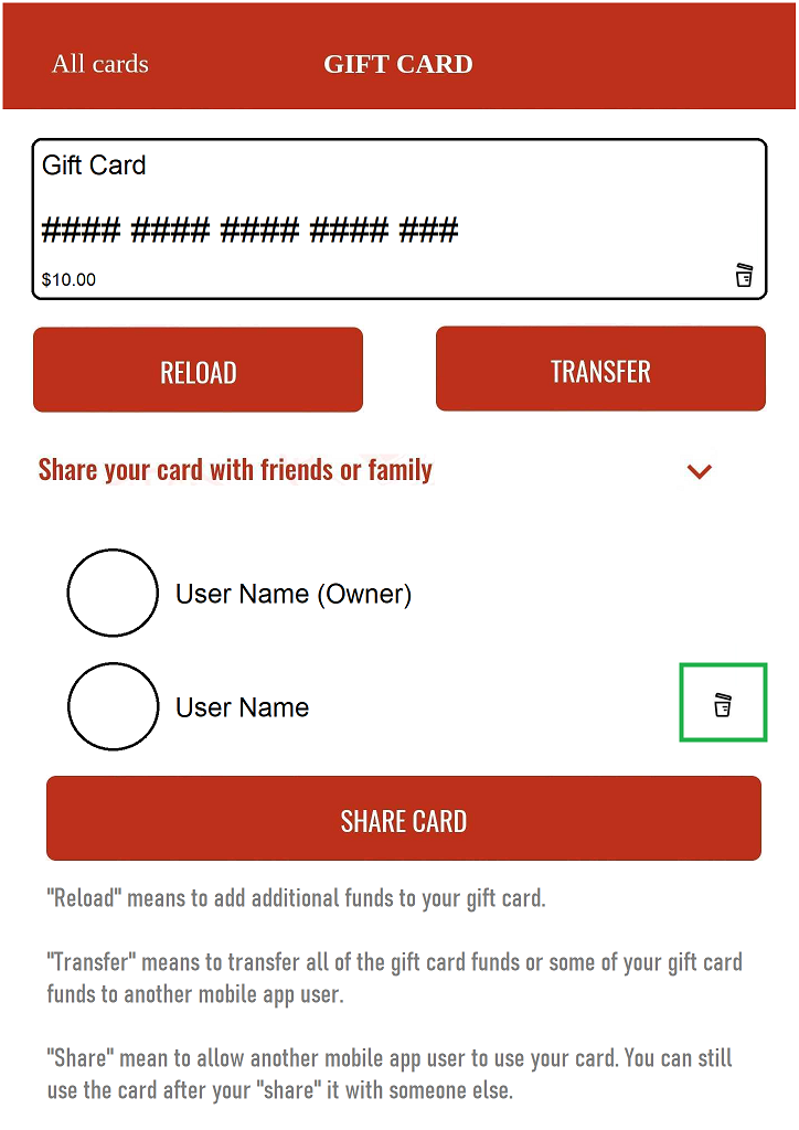 How can I remove a shared user from a gift card?