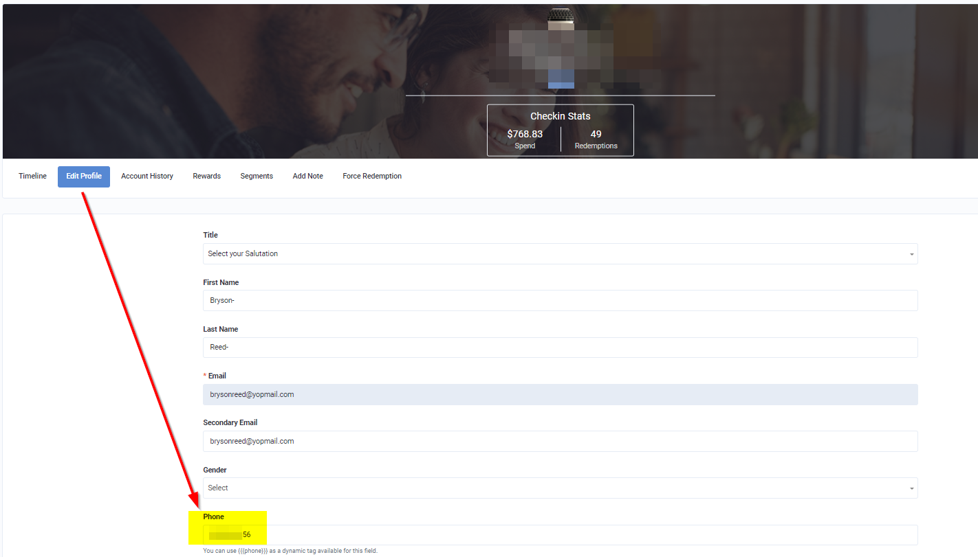 How to add a phone number to the guest's account using the Punchh Platform?