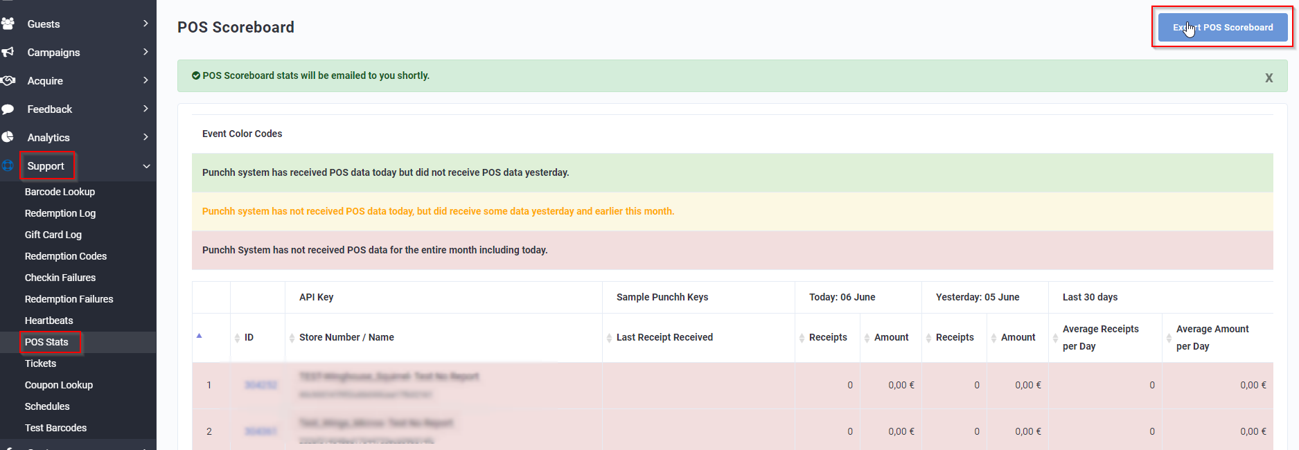 How do I export the POS Scoreboard report?