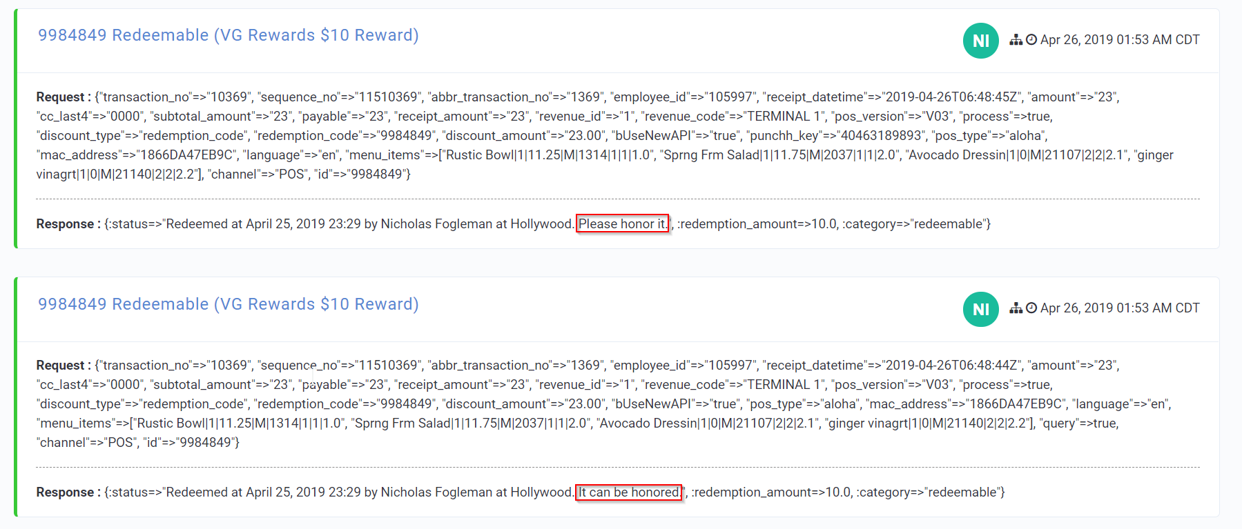 Why do we see two redemption logs for a single redemption code?
