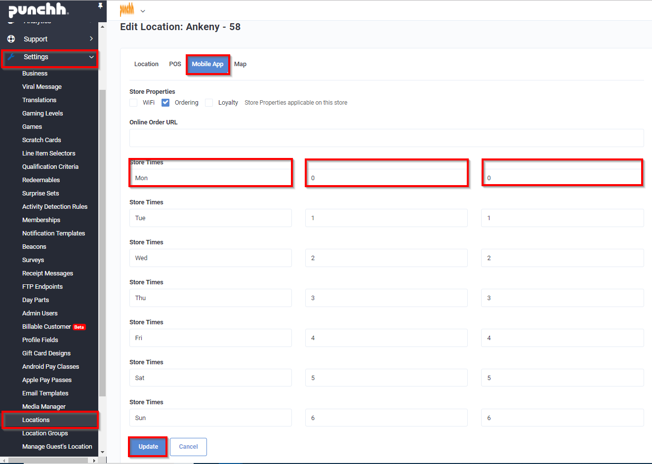How can I update a locations hours of operation in the app?