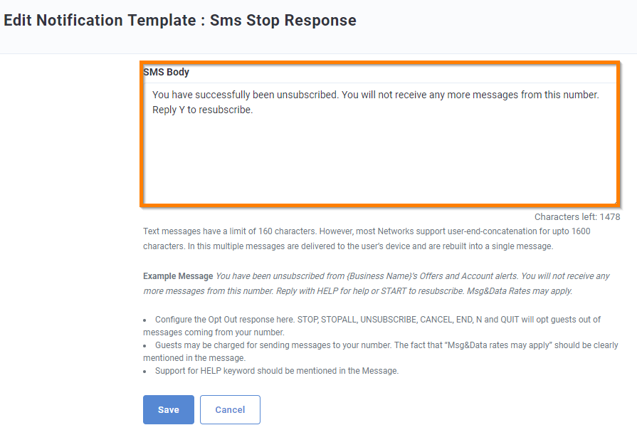 How can I edit START, STOP, HELP responses to SMS messages?